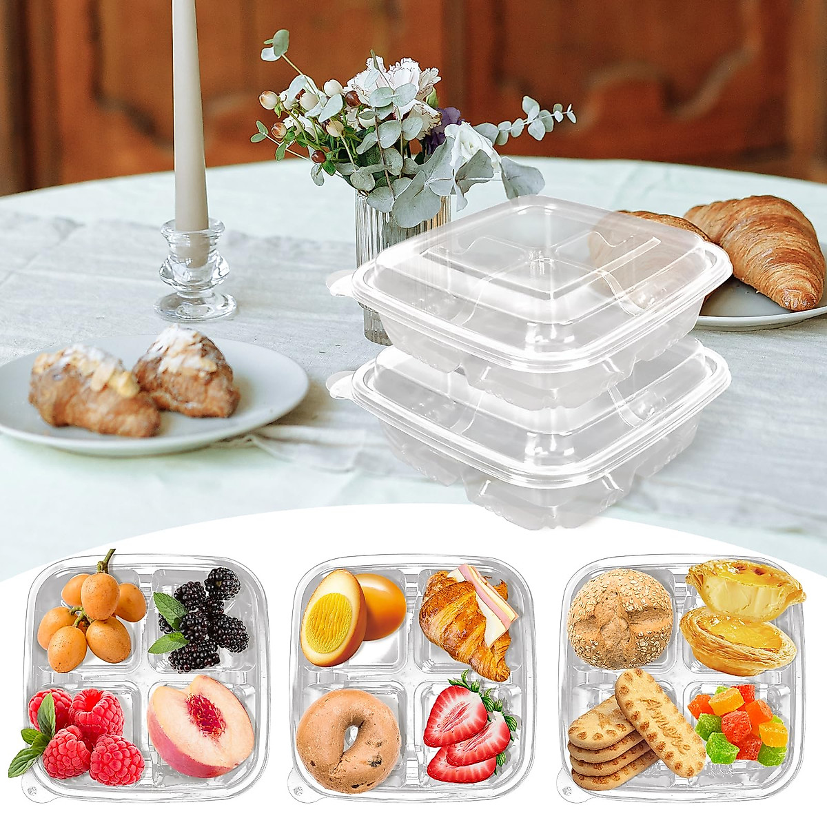 ISUSSER 20 Pack Clear Bento Snack Food Containers, 4 Compartment Meal Prep Containers with Lids for School and Work (clear)