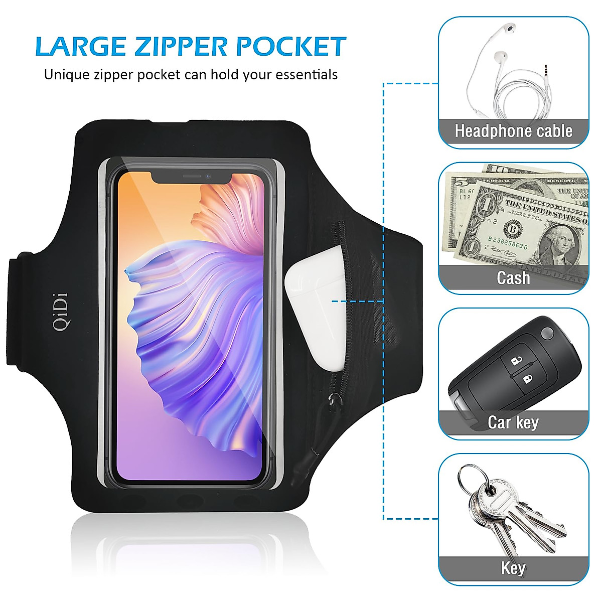 Running Armband with Air Pods Bag, Phone Holder for Running, Cell Phone Armband for iPhone 14 13 Pro 14 Plus Galaxy S23 S22 S21 S20, Water Resistant Sports Workouts Arm Band for Women & Men