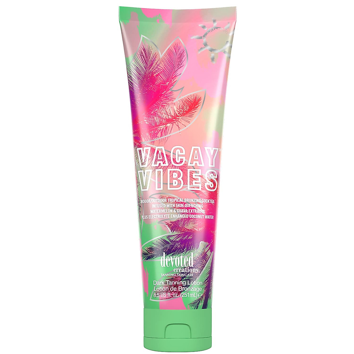 Devoted Creations Vacay Vibes Tanning Lotion – Indoor/Outdoor Tropical Bronzing Cocktail Infused with Skin Quenching Watermelon and Guava Extracts, plus Electrolyte Enhanced Coconut Water – 8.5 oz.