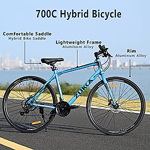 21 Speed Hybrid Bike Disc Brake 700C Road Bike for Men Women's City Bicycle (Blue)