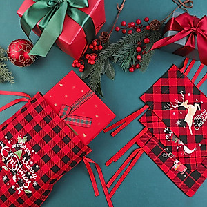 Aneco 12 Pieces Christmas Drawstring Gift Bag with Drawstrings Red and Black Buffalo Plaid Fabric Bag with Drawstring Cotton Xmas Candy Bags with 24 Tags Rope, Assorted Sizes