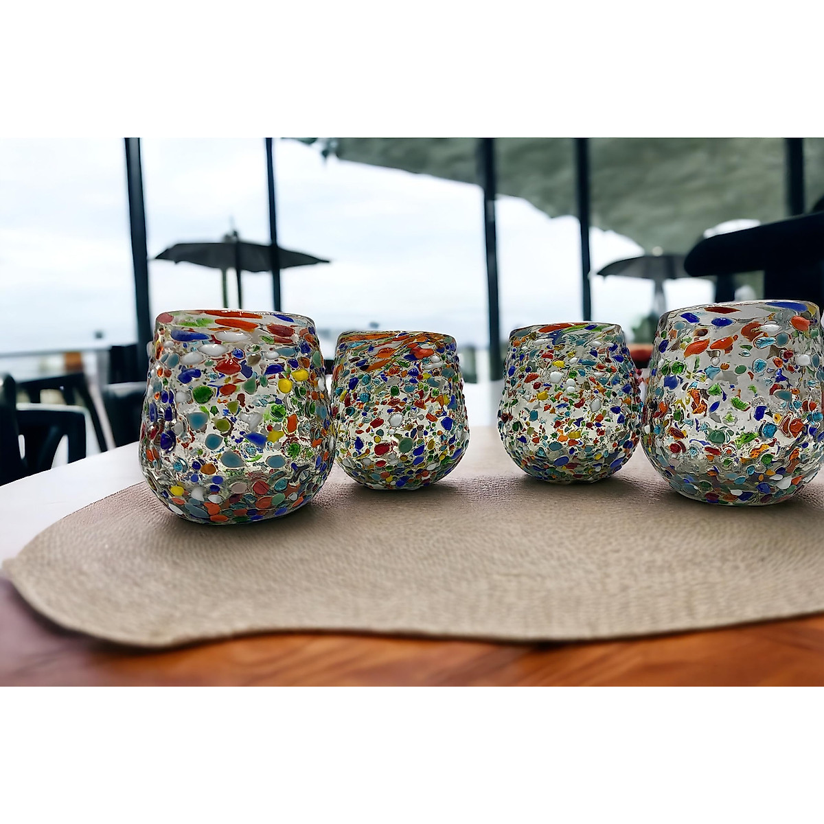 Mexican Confetti Rock Wine Glasses - Set of 2 | Hand Blown 18oz Stemless Glassware