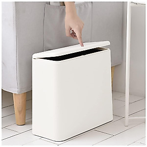 Modern Wastebasket Thin Trash Can,Small Rectangular Dog Proof Plastic Trash Bin,3.2 Gallon/12 Liter Slim Plastic Trash Can Wastebasket with Press Type Lid, White