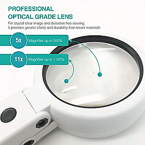 Magnifying Glass with 8 LED Lights, Handsfree Magnifier, [5X+11X] Dual Magnification Lens, Gentle & Bright Light Settings- Ideal for Reading Books, Jewlery, Coins, Craft & Hobbies…