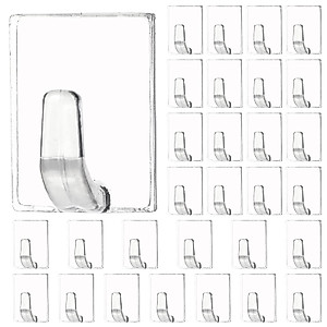 Gjinxi 30Pcs Adhesive Hooks for Hanging, Transparent Heavy Duty Wall Hooks, Clear Plastic Sticky Hanging Hooks, Door Hooks Hangers with Double Sided Tapes for Home Kitchen Bathroom Bedroom Office