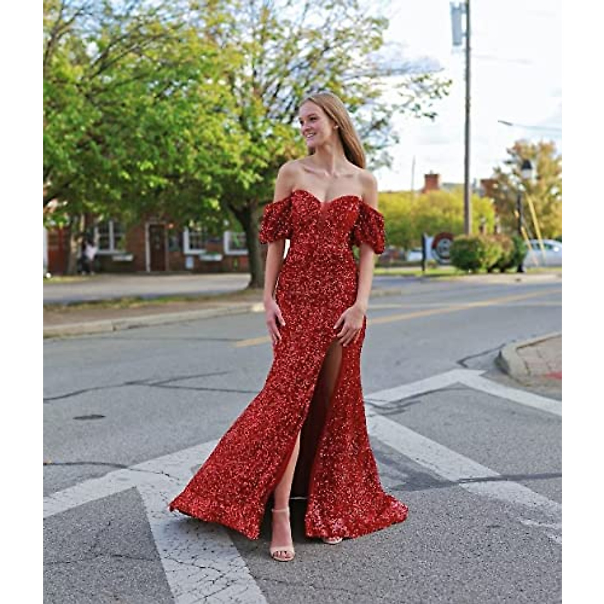 White Slive Sequin Off Shoulder Sparkly Prom Dresses Long for Women with Puffy Sleeves Backless Mermaid Formal Evening Gowns with High Slit Fitted Size US 04