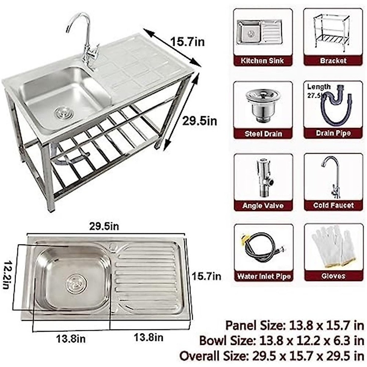 Free Standing Stainless Steel Sink,Commercial Restaurant Kitchen Sink Set,with Workbench Storage Shelves and Water Faucet,for Indoor Outdoor Laundry Garage