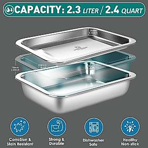 Stainless Steel Food Prep Container with Rack & Lid (Tray), 2.4Quarts, Catering Pans, Restaurant Pans, Buffet Party Pan, Roasting Pan with Rack, Bakeware Roaster, Oven Casserole (1305 / No5)