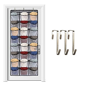 RELBRO Over the Door Hat Rack, Door Baseball Caps Hat Organizer with 24 Large Clear Elastic Mesh Pockets Hat Holder Storage Hat Display Rack with 3 Over Door Hooks - Grey