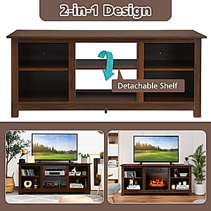 Tangkula Fireplace TV Stand for TVs up to 65 Inches, with 18 Inches 1400W 5,000 BTU Electric Fireplace Insert, Adjustable Flame Brightness & Heat, Timer and Remote Control (Walnut)