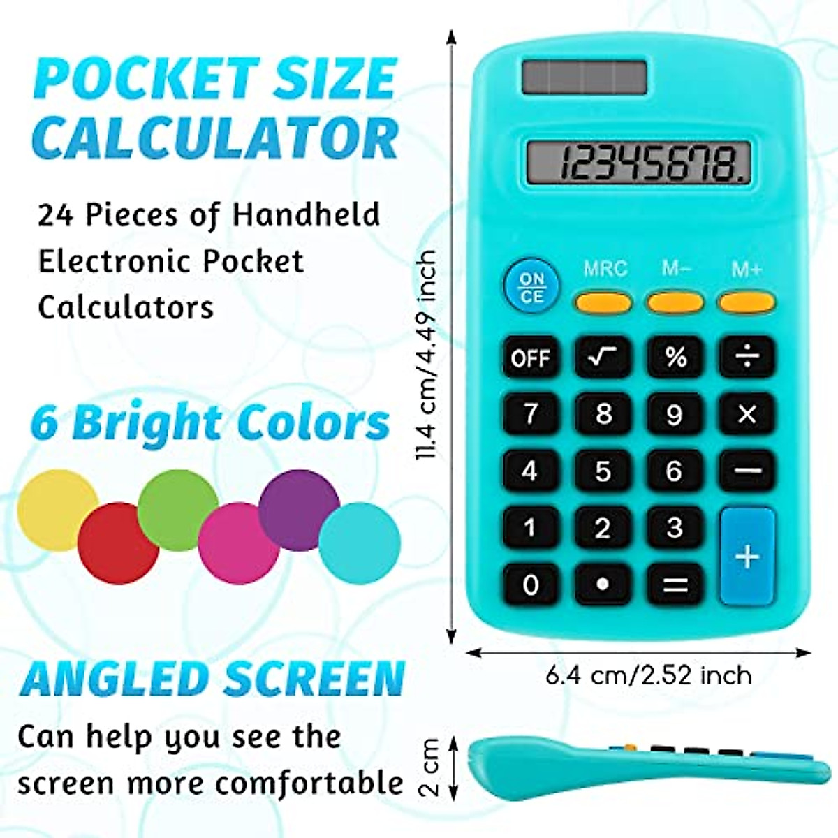 Pocket Size Calculator 8 Digit Display Basic Calculator Solar Battery Dual Power Mini Calculator for Desktop Home Office School Students Kids, 6 Colors (18 Pieces)