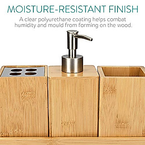 Navaris Bamboo Bathroom Accessories Set - 4-Piece Bath Set with Toothbrush Holder, Soap Dispenser, Storage Container, Organiser Tray - Natural Wood