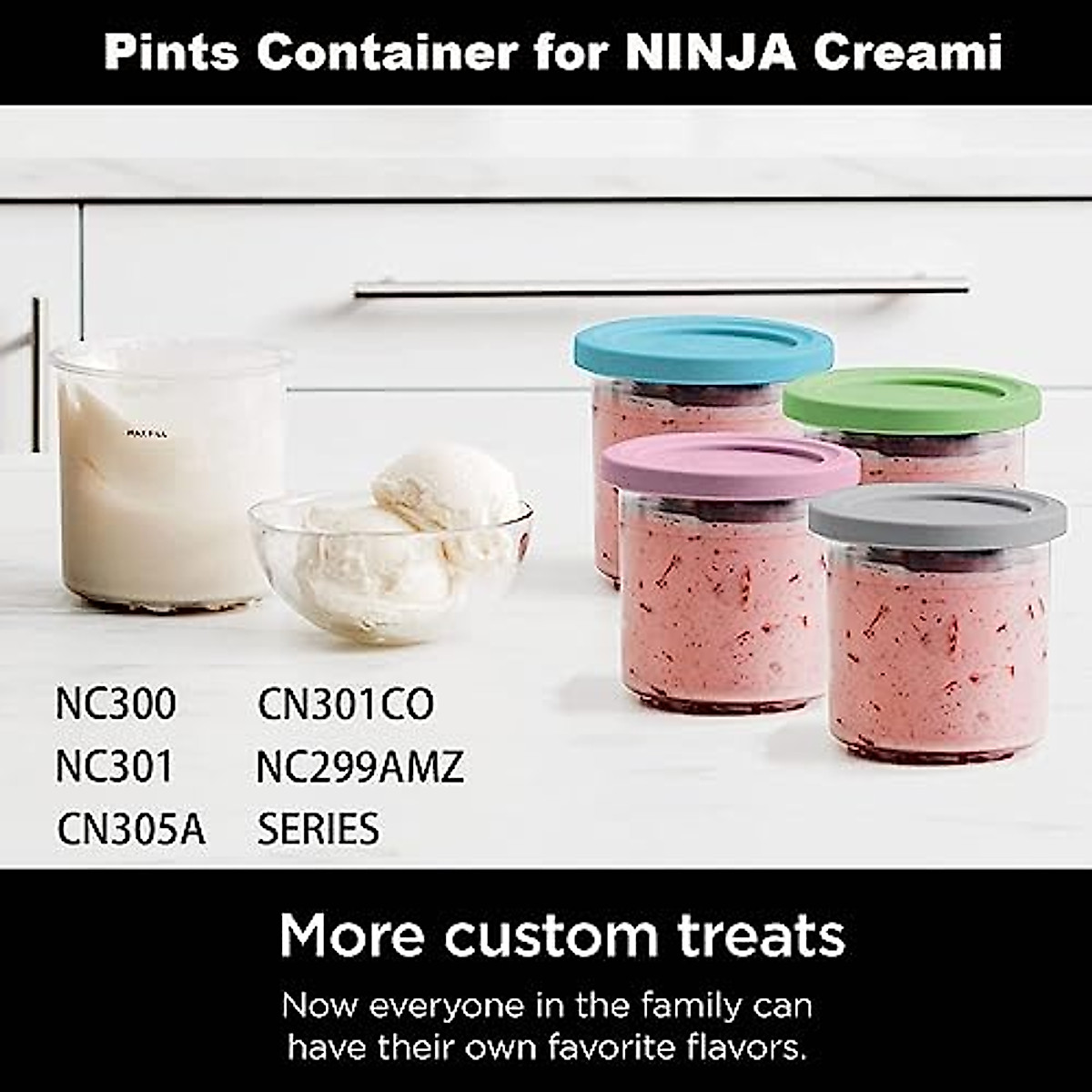 Containers Replacement for Ninja Creami Pints and Lids - 4 Pack 16oz, Compatible with NC301 NC300 NC299AMZ Series Ice Cream Maker, Dishwasher Safe, Silicone Lid