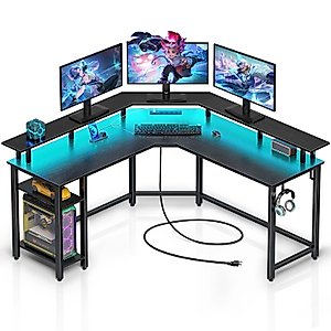 Rolanstar L Shaped Gaming Desk with LED Lights & Power Outlets, 56" Computer Desk with Full Monitor Stand & Storage Shelf, Corner Desk with Hooks, Black Desk Reversible