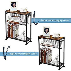 Small Side Table for Small Spaces - Slim End Table with Magazine Holder - 2 in 1 Design Narrow End Table Living Room - Skinny Bedside Table Nightstand Bedroom Thin Side Table, Rustic Brown