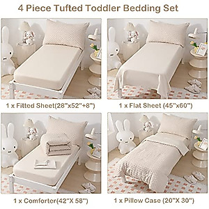 4-Piece Boho Tufted Toddler Bedding Set for Girls Boys Beige Jacquard Tufts Embroidery Bohemian Comforter Set for Kids Bed-in-a-Bag Bed Sheet Set with Comforter, Flat Sheet, Fitted Sheet, Pillowcase