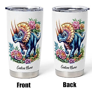 Triceratops Gifts, Personalized Tumbler with Triceratops Dinosaur Animal’s Name – Custom Cup for DinoSaur Lovers, Gift for Women, Men, Gift for Birthdays & Christmas, 20oz Steel Coffee Cup PfrxGT