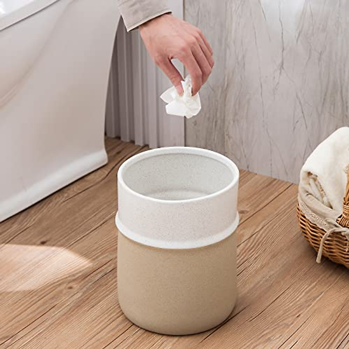 Decorative Round Small Trash Can Wastebasket, Garbage Container Bin for Bathrooms, Powder Rooms, Kitchens, Home Offices - Sand Glaze Non-Slip Design,Beige