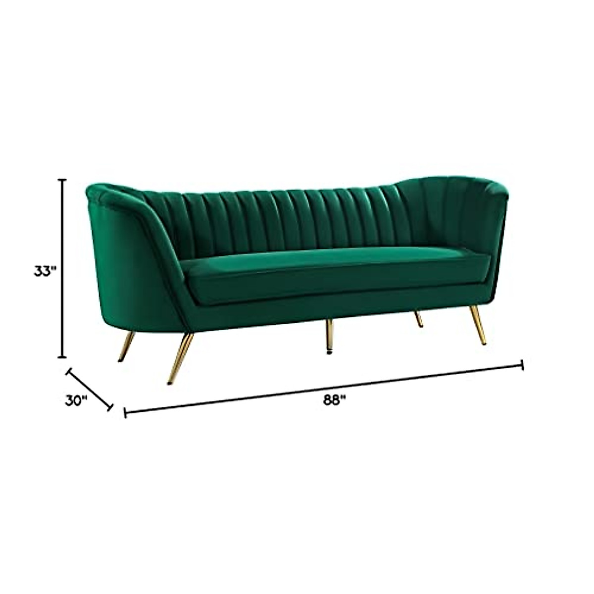Meridian Furniture Margo Collection Modern | Contemporary Velvet Upholstered Sofa with Deep Channel Tufting and Rich Gold Stainless Steel Legs, Green, 88" W x 30" D x 33" H