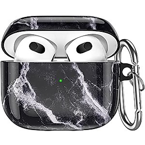 DGege Compatible with AirPods 3rd Generation Case Cover, Cute Print Protective Skin with Keychain Accessories Compatible for Apple Airpods 3 Case 2021 Released for Women/Men Girl/Boy, Black Marble