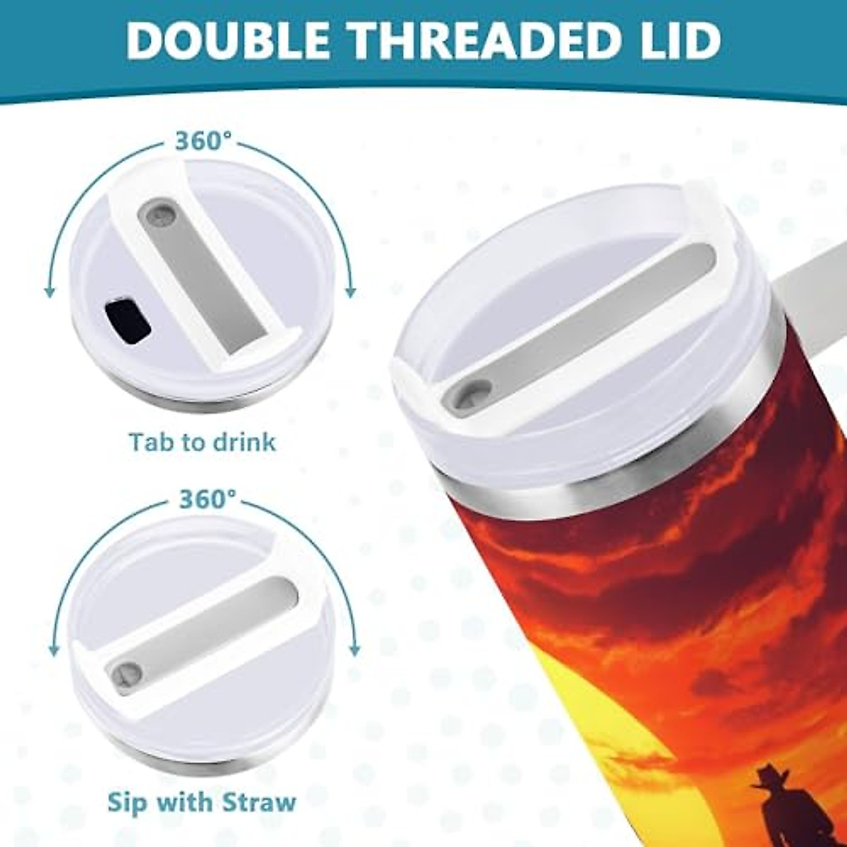 Jihqo Sunset Western Cowboys 40 oz Stainless Steel Vacuum Insulated Tumbler with Handle and Straw Lid, Leakproof Water Bottle Double Wall Travel Mug Coffee Cup, Cupholder Friendly