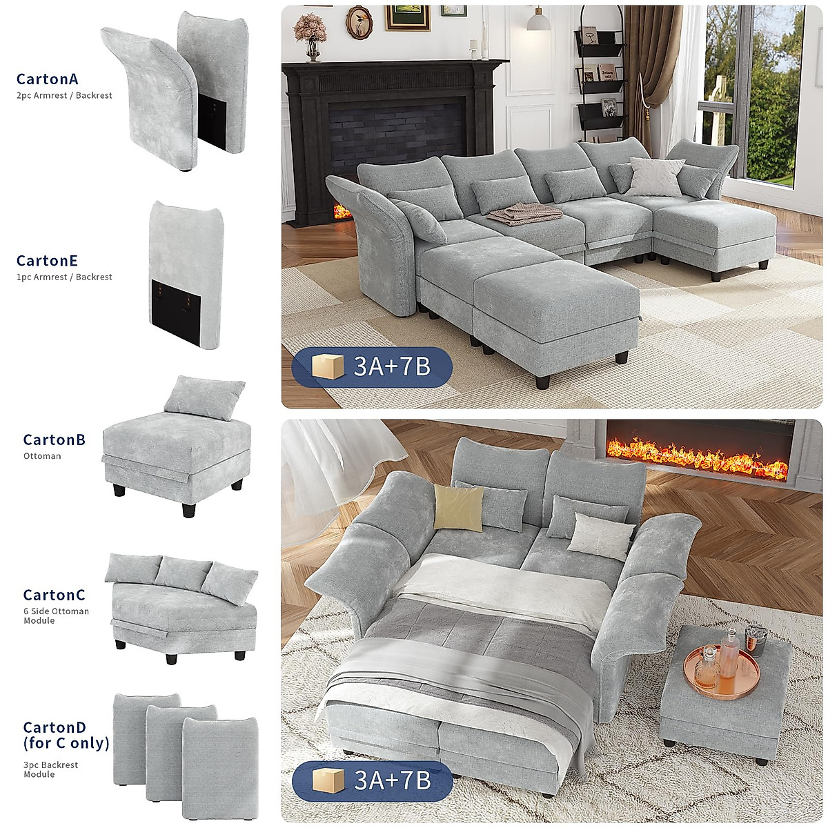 LLappuil Chenille U Shaped 6 Piece Sectional Sofa for Living Room Modular Sofa Sectional Couch with Reversible Chaise and Storage Ottoman, Grey