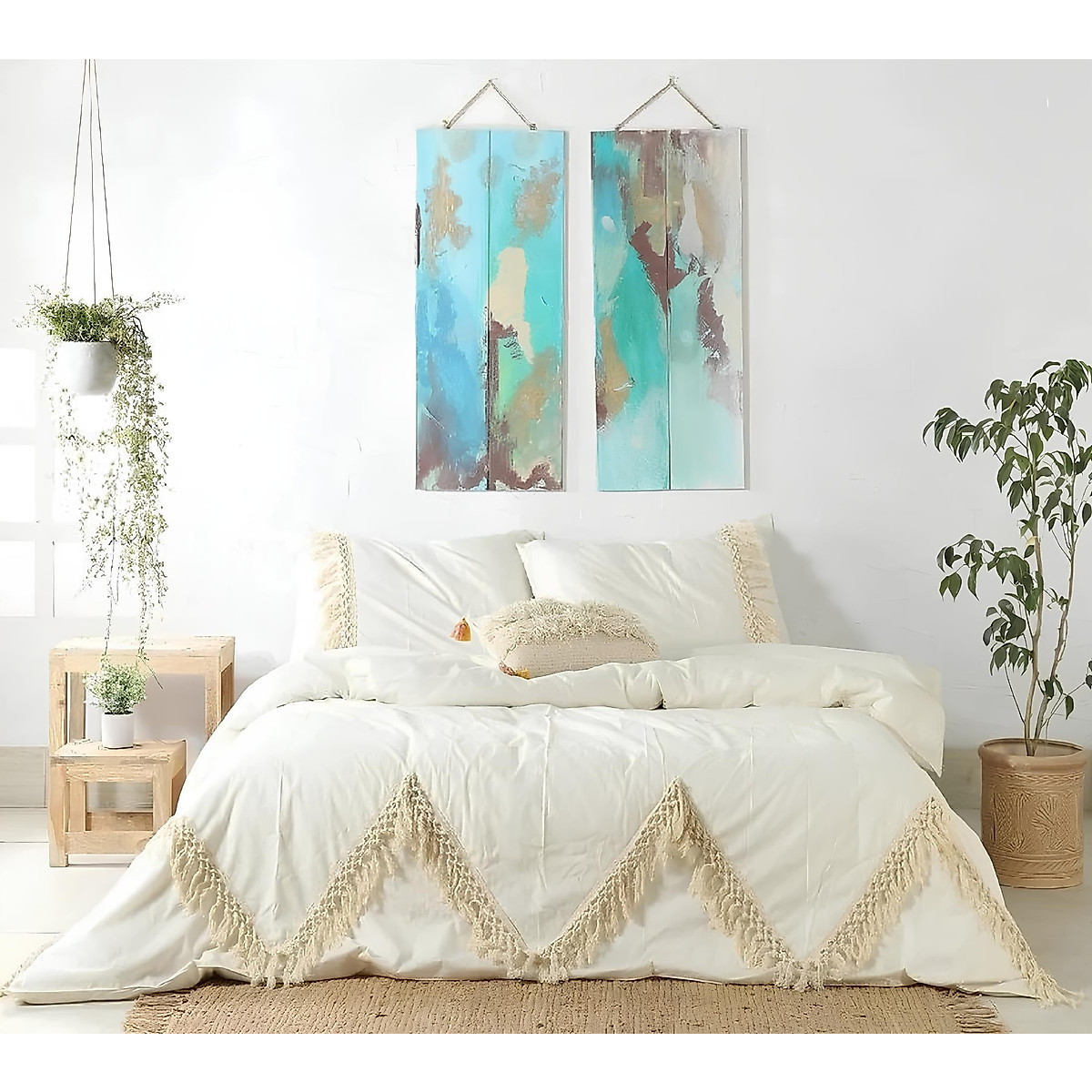 INDACORIFY 3 Pcs Boho Tassel Duvet Cover with Fringes Bedding Washed Duvet Cover Queen King Double Twin Custom Size Fringes Duvet Cover Boho Bedding (Over Size 108X108 Inches)