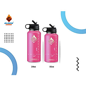 Blazin Goods 24oz Stainless Steel, Leak Proof, Vacuum Insulated Stainless Steel, Double Walled Water Bottle | 3 Lids, 2 Straws, 1 Wire cleaning brush (Pink)