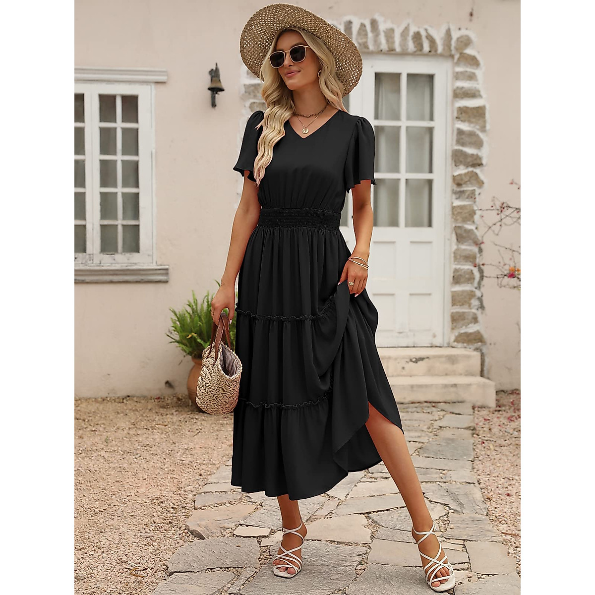 LILLUSORY Womens Cute Pleated Cotton Fancy Midi Dresses 2023 Summer Little Black Ladies Elegant Linen Curvy Short Ruffle Sleeves Flowy Tiered Long Maxi Dress