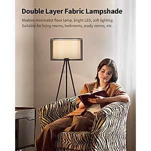 KDG Modern Floor Lamp for Living Room, Tall Tripod Floor Lamp Corner Lighting, Fabric Lampshade LED Bulb Bright Pole Light, High Light for Bedroom, Reading, Office, Study Room, Warm Light(Black)
