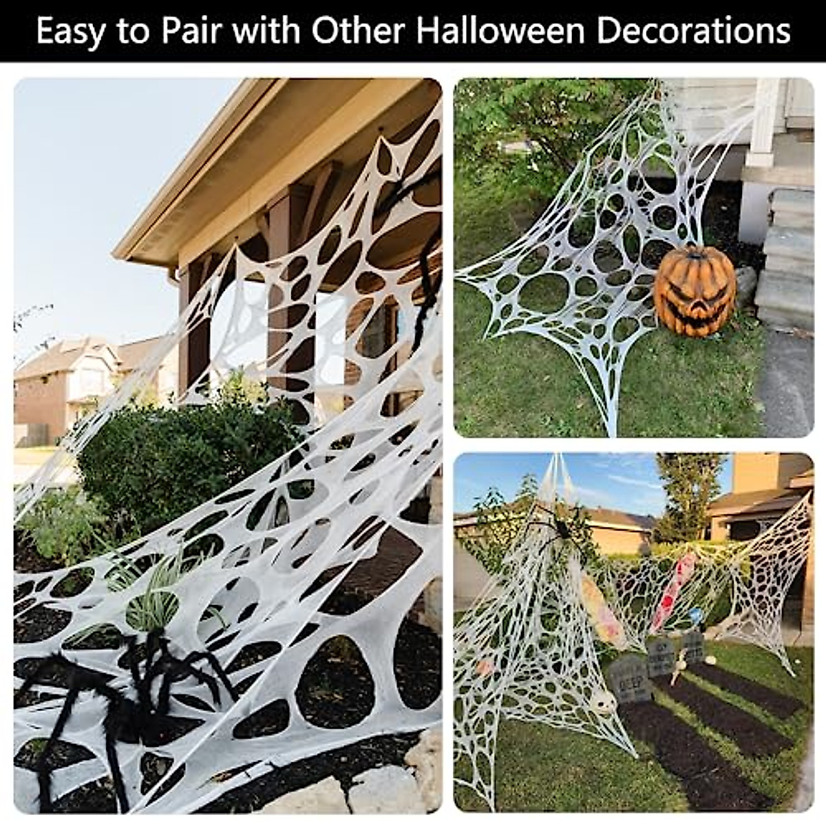 JOYSELLER Spider Web Halloween Decorations Outdoor, Stretchy 450 sqft Halloween Spider Web, Cut-Your-Own Flexible Spider Webbing for Halloween Decor (Spiders Not Included)