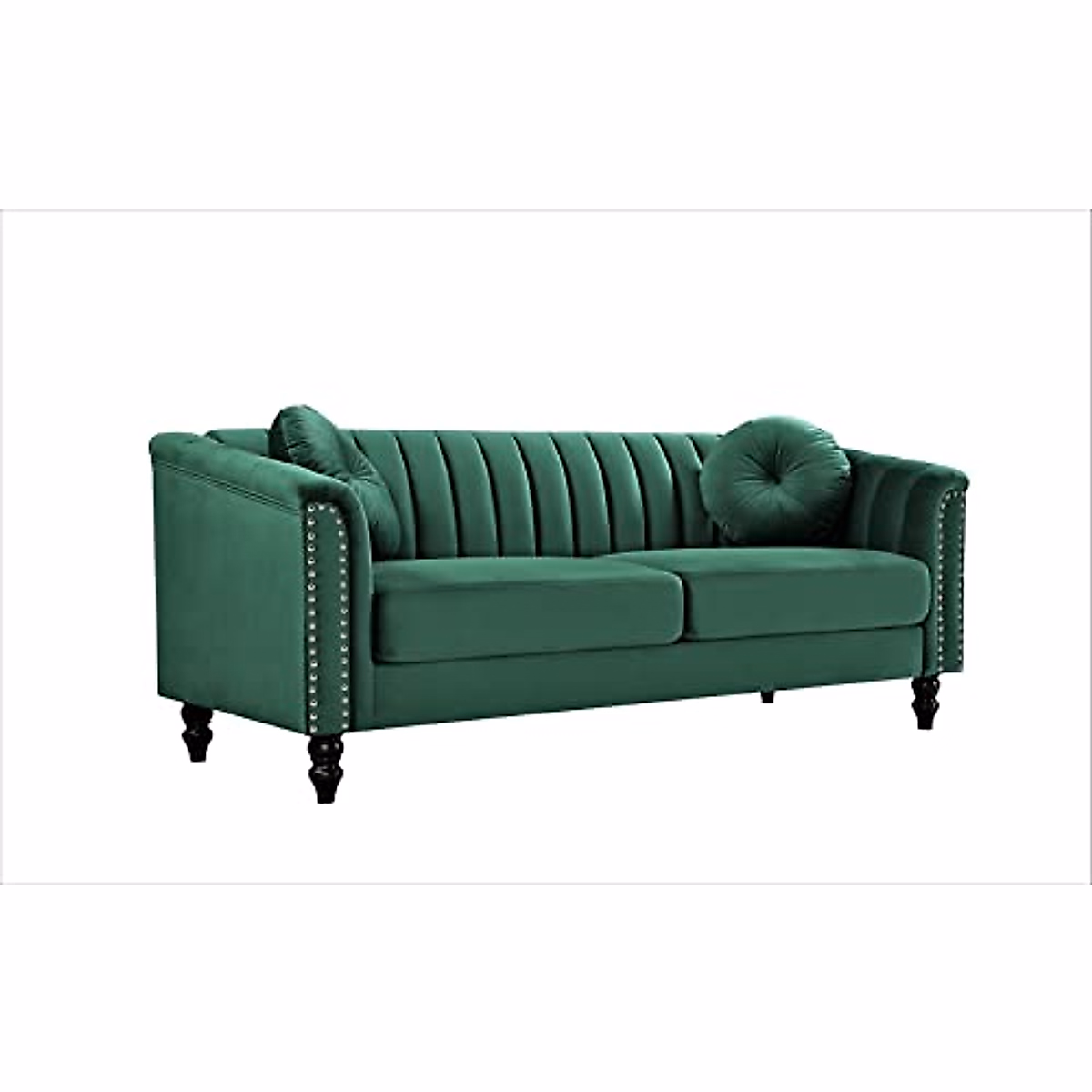 Container Direct 75'' Mid-Century Modern Velvet Sofa Chesterfield Inspired Luxury 3 Seater Couch for Living Room with Removable Cushions and Turned Wood Legs, Green