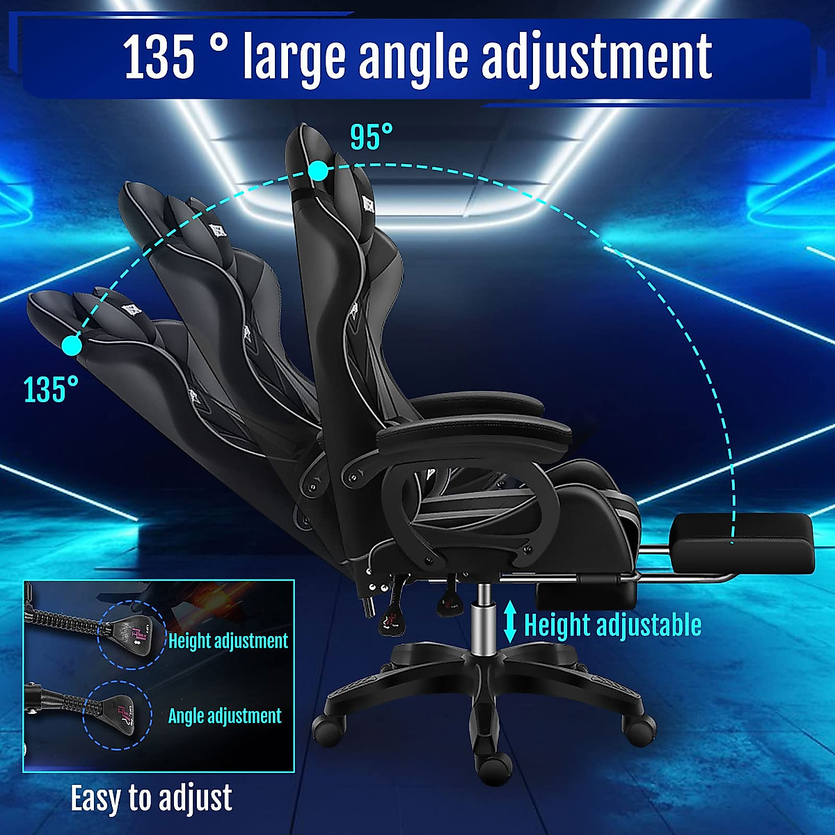 Floor Gaming Chair-135°Reclining Adjustment Gaming Chairs for Adults, with Massager Lumbar Support and Telescopic Footrest Ergonomic Office Chair, Race Game Chair (Black red)