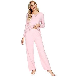 WiWi Viscose from Bamboo Pajamas Sets for Women Long Sleeve Sleepwear Soft V Neck Top with Pants Plus Size Pjs S-4X, Pink, X-Large
