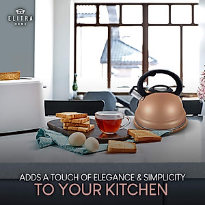 ELITRA HOME Whistling Tea Kettle Stainless Steel Tea Pot for Stovetop with Stay Cool Handle 3.1 Quart / 3 Liter Rose Gold