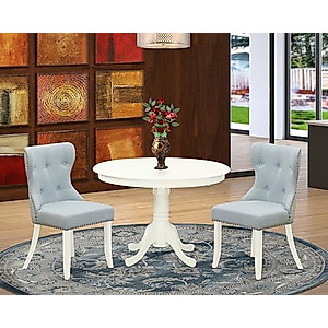 East West Furniture HLSI3-LWH-15 3 Piece Dinette Set for Small Spaces Contains a Round Dining Table with Pedestal and 2 Baby Blue Linen Fabric Upholstered Chairs, 42x42 Inch, Linen White