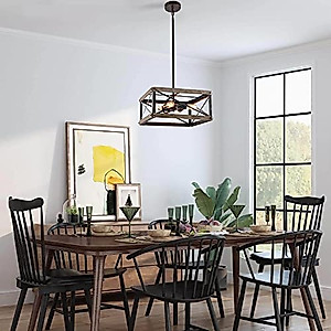 LNC Farmhouse Chandelier, Rustic Wood Cage Square Light Fixture for Dining & Living Room, Bedroom, Foyer, Entryway and Kitchen Island,Brown