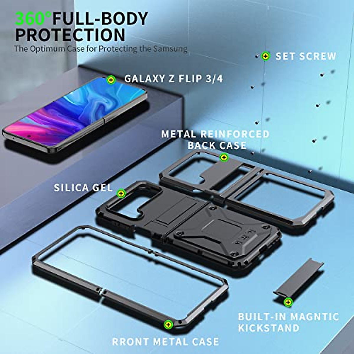 Compatible with Samsung Galaxy Z Flip 4 Metal Case with Kickstand Military Heavy Duty Shockproof Aluminum Case Hard Protection Cover for Galaxy Z Flip 4 (Black)