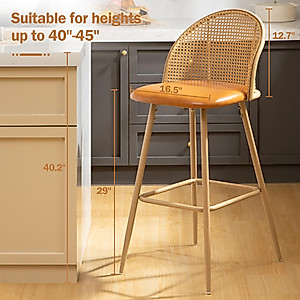 SICOTAS Rattan Bar Stools Set of 2 - Boho Counter Height Barstools - 29" Armless Bar Stools for Kitchen Island - Farmhouse Bar Stools with Back and Leather Cushion - Vintage Design Tall Kitchen Chairs