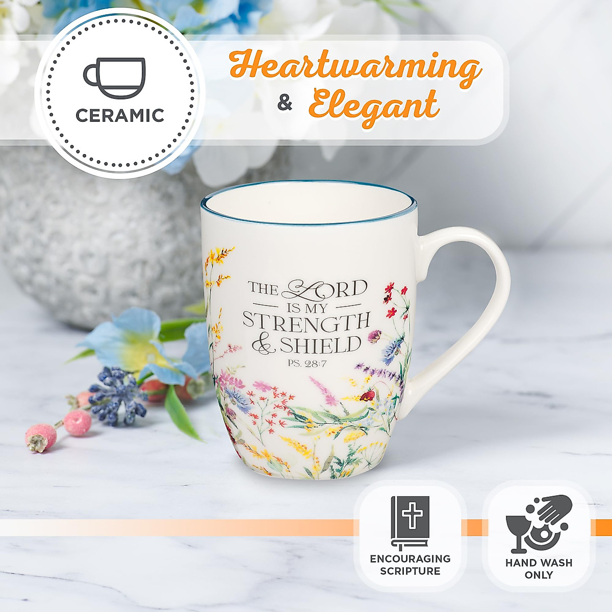 Christian Art Gifts Inspirational Ceramic Coffee & Tea Scripture Mug for Women: Lord is My Strength Encouraging Bible Verse Psalm, Cute Microwave & Dishwasher Safe Cup, White Multicolor Floral, 12 oz.