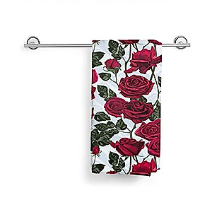 Floral Red Roses Small Hand Towel Kitchen Soft Microfiber 27.5'' X 15.7'' Multipurpose Fancy Flowers and Leaves Hand Towel for Bathroom