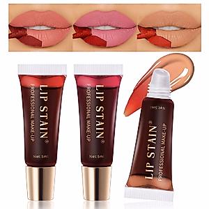 HOSAILY 3 Colors Peel Off Lip Stain Lip Tint, Tattoo Magic Color Matte Nude Natural Lip Gloss, Waterproof Long Lasting Nonstick Cup Liquid Lipstick Makeup Set for Women and Girls (Set A)