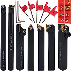 Indexable Lathe Turning Tool, 1/2'' Shank Metal Lathe Tools, 7pcs Metal Lathe Cutting Tools Carbide Turning Tool Insert Holder Set Lathe Boring Bar Set for Turning Grooving Threading with Wrenches
