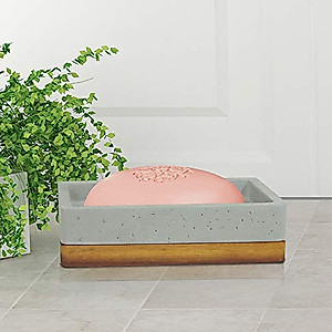 nu steel Concrete, Made of Cement Bath Accessory Set Vanity Countertop, 7pc Luxury Ensemble-Cotton Swab, Dish, Toothbrush Holder, soap Pump, Waste Basket, Tissue Box, Tray, Grey Stone/Brown