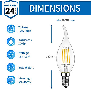 ANWIO Flame Tip LED Filament Bulb Candelabra E12 Base, Dimmable 4.5W (60W Equivalent) B11 Chandelier Candle Light Bulb, 2700K Warm White 6-Pack