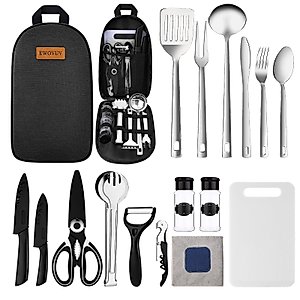 Camping Cooking Utensils Set- Camping Essentials Cookware Camp Accessories Gear Must Haves Camper Tent Camp Kitchen Rv Gadgets Outdoor Stove Portable Picnic Gifts for Women BBQ Stuff (Black)