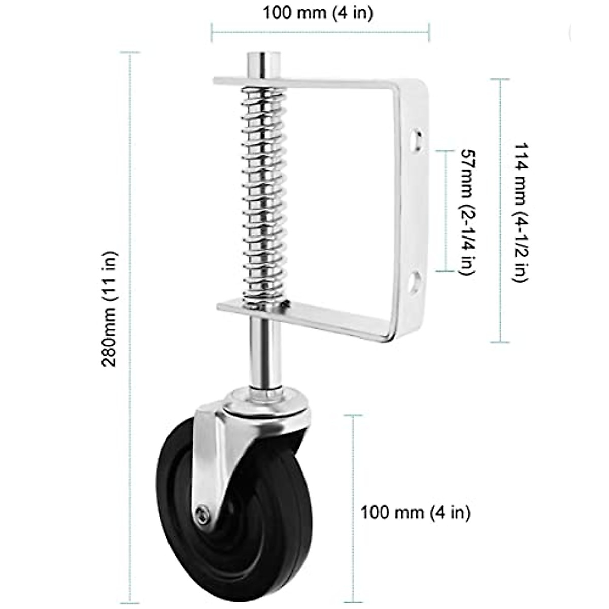 Gate Caster 4”and 5", Heavy Duty Gate Caster Wheel with Spring Loaded,Universal Mount Pate, 250-500 lbs Load Capacity, 4 and 5 Inches Rubber Wheel(Two PCS OR ONE PCS) (4 inch Without Brake, 1 pcs)