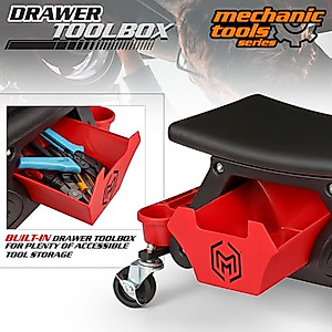 M-AUTO Rolling Mechanic Stool Garage Roller Chair Creeper Seat w/Storage Tool Tray and Drawers,300LBS Capacity Workbench Stool with Lockable Rollers for Home Garage DIY Automotive, 25" Red