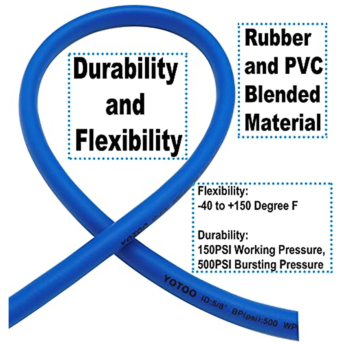 YOTOO Heavy Duty Hybrid Garden Water Hose 5/8-Inch by 50-Feet 150 PSI Kink Resistant, Flexible with Swivel Grip Handle and 3/4" GHT Solid Brass Fittings, Blue