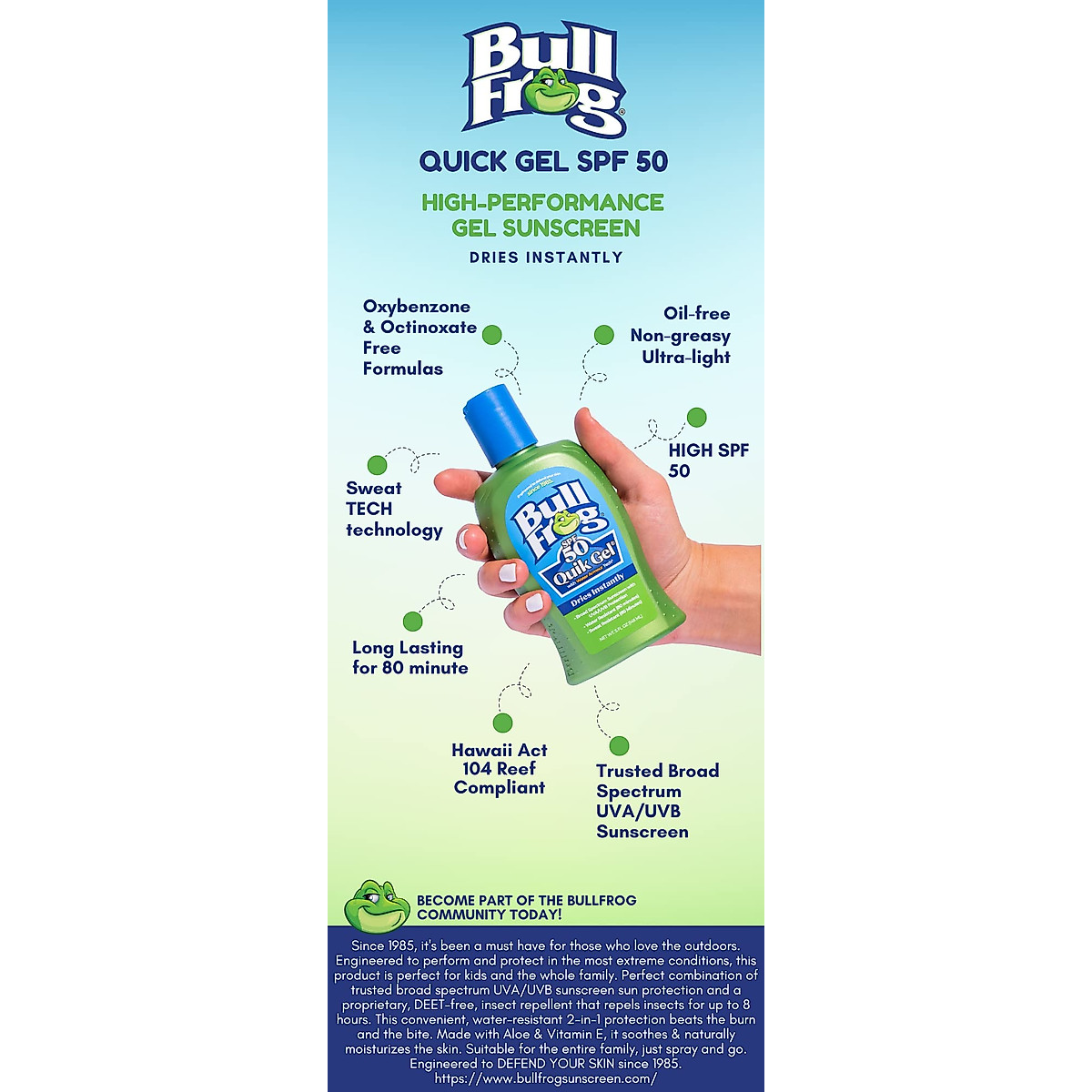 Bullfrog Quik Gel Sunscreen SPF 50 | Oxybenzone & Octinoxate Free | Broad Spectrum Moisturizing UVA/UVB, 5oz, 3 pack…